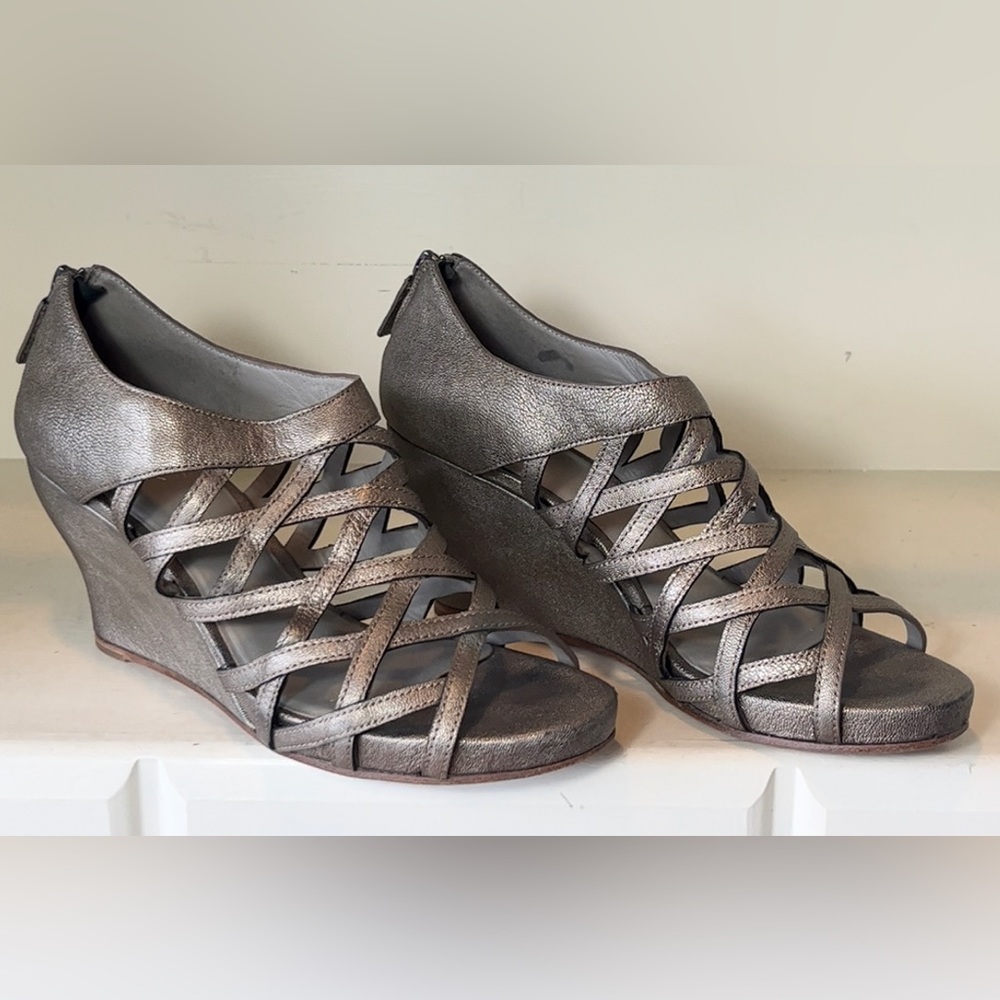 Eileen Fisher Metallic Cage Lattice Leather Wedge San… - Gem